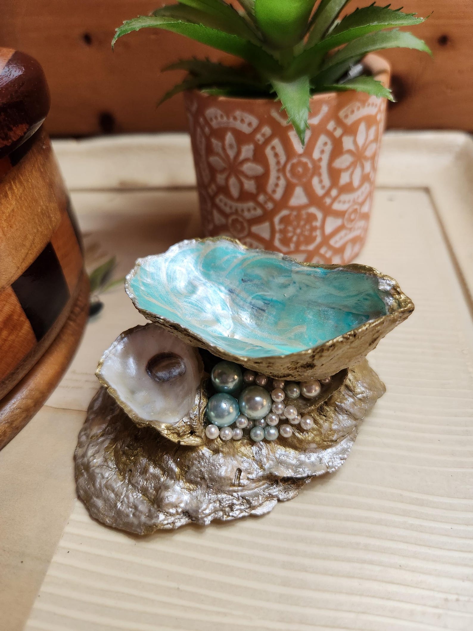 Oyster Shell Jewelry or Trinket Dish, Beaded, Ocean, Gift, Coastal ...