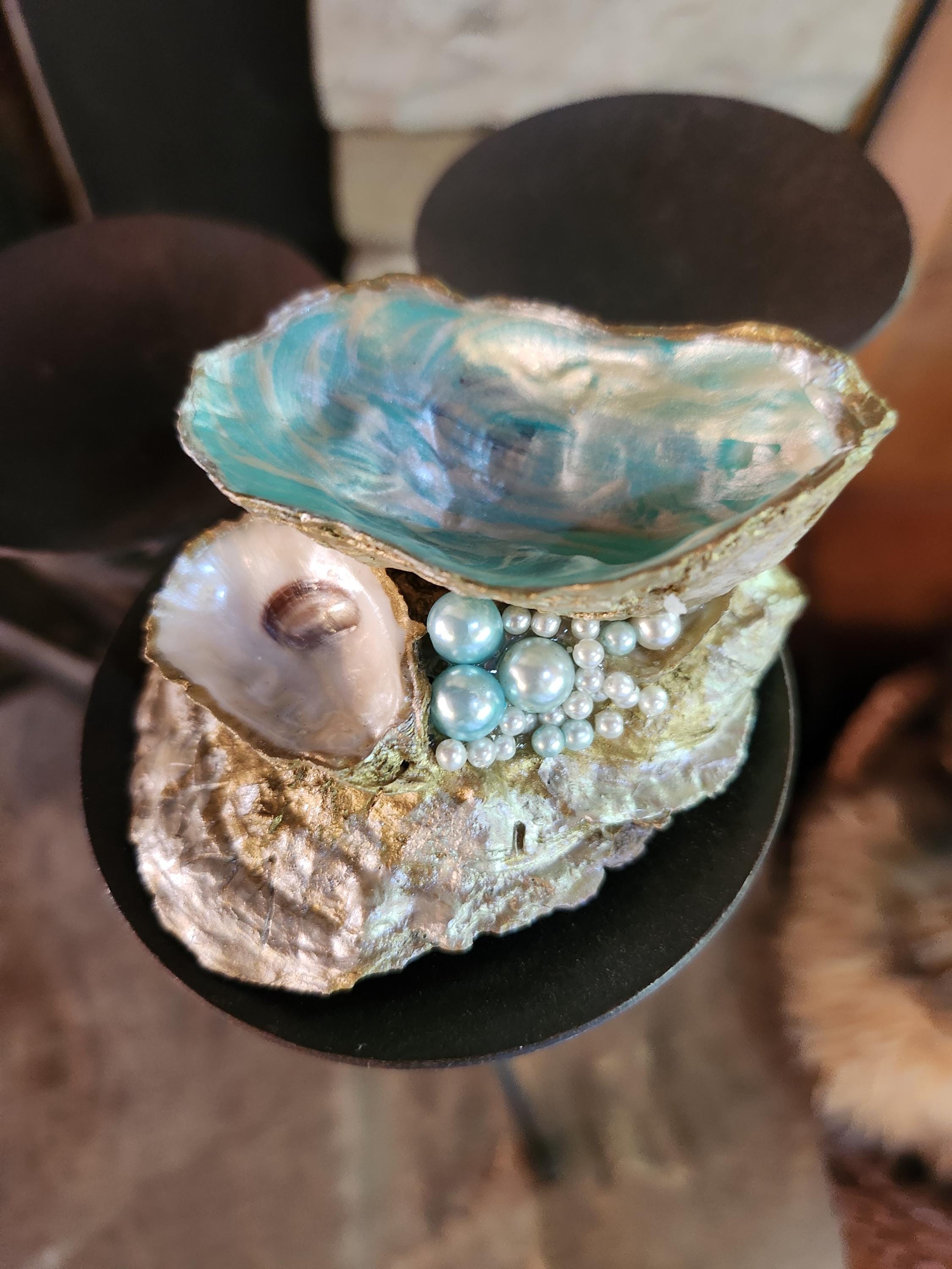 Oyster Shell Jewelry or Trinket Dish, Beaded, Ocean, Gift, Coastal ...