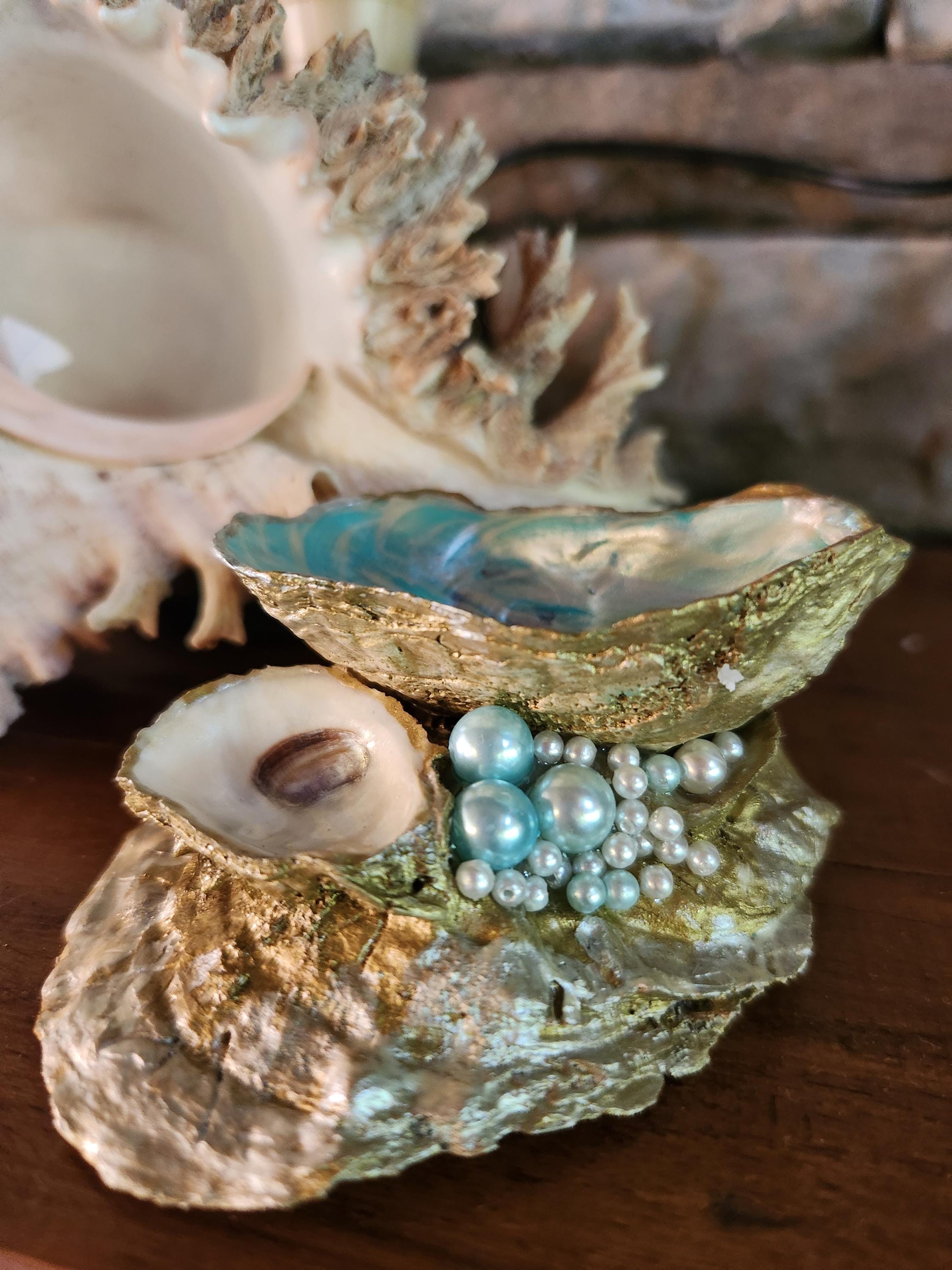 Oyster Shell Jewelry or Trinket Dish, Beaded, Ocean, Gift, Coastal ...