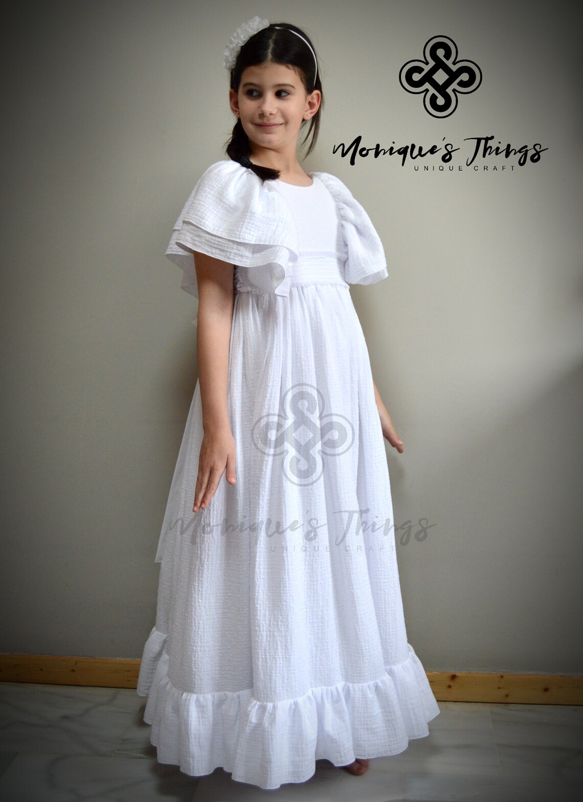 ELISA Communion Dress White or Ivory, Organic Cotton Bambula. Sash ...