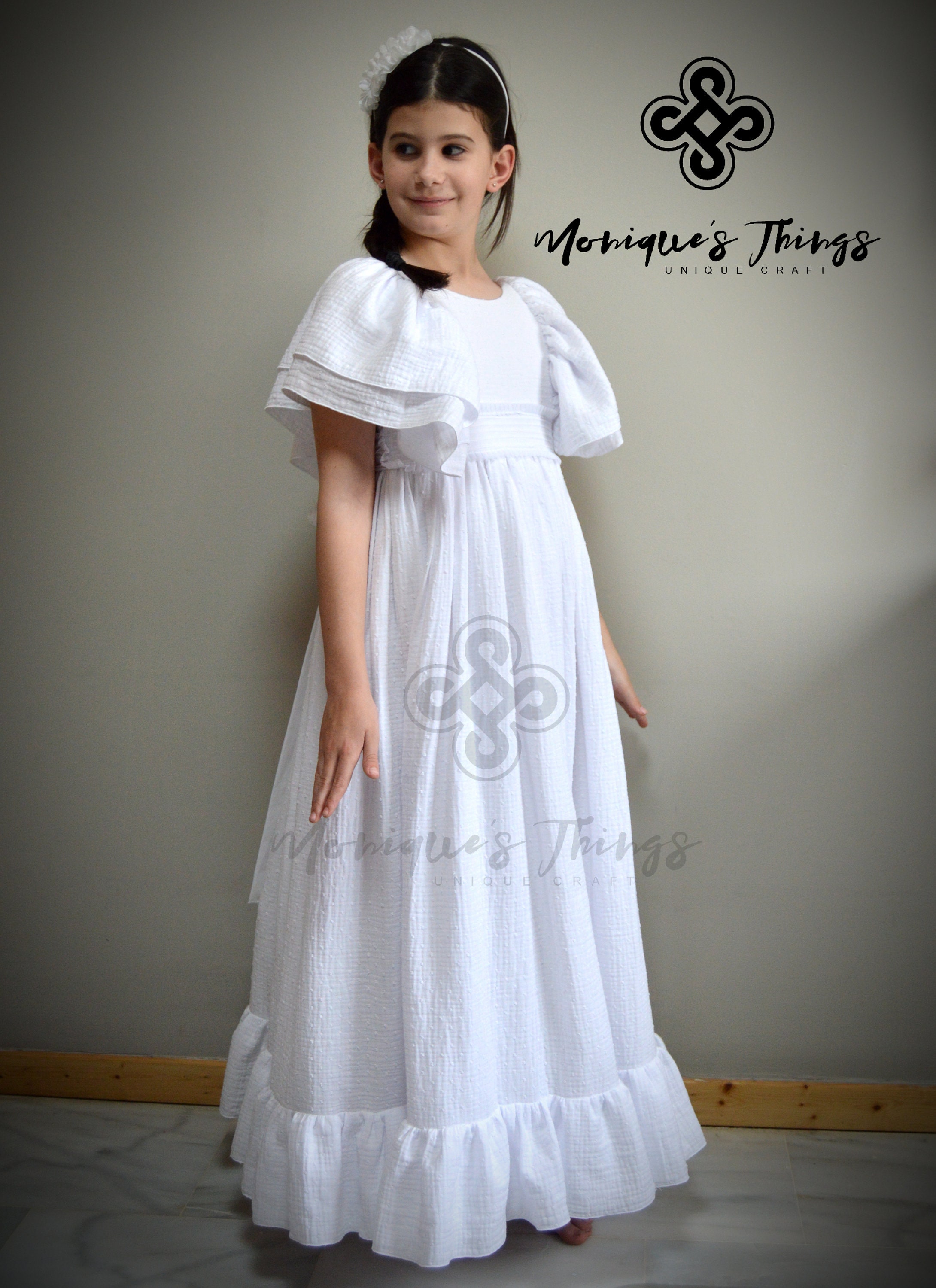 ELISA Communion Dress White or Ivory, Organic Cotton Bambula. Sash ...