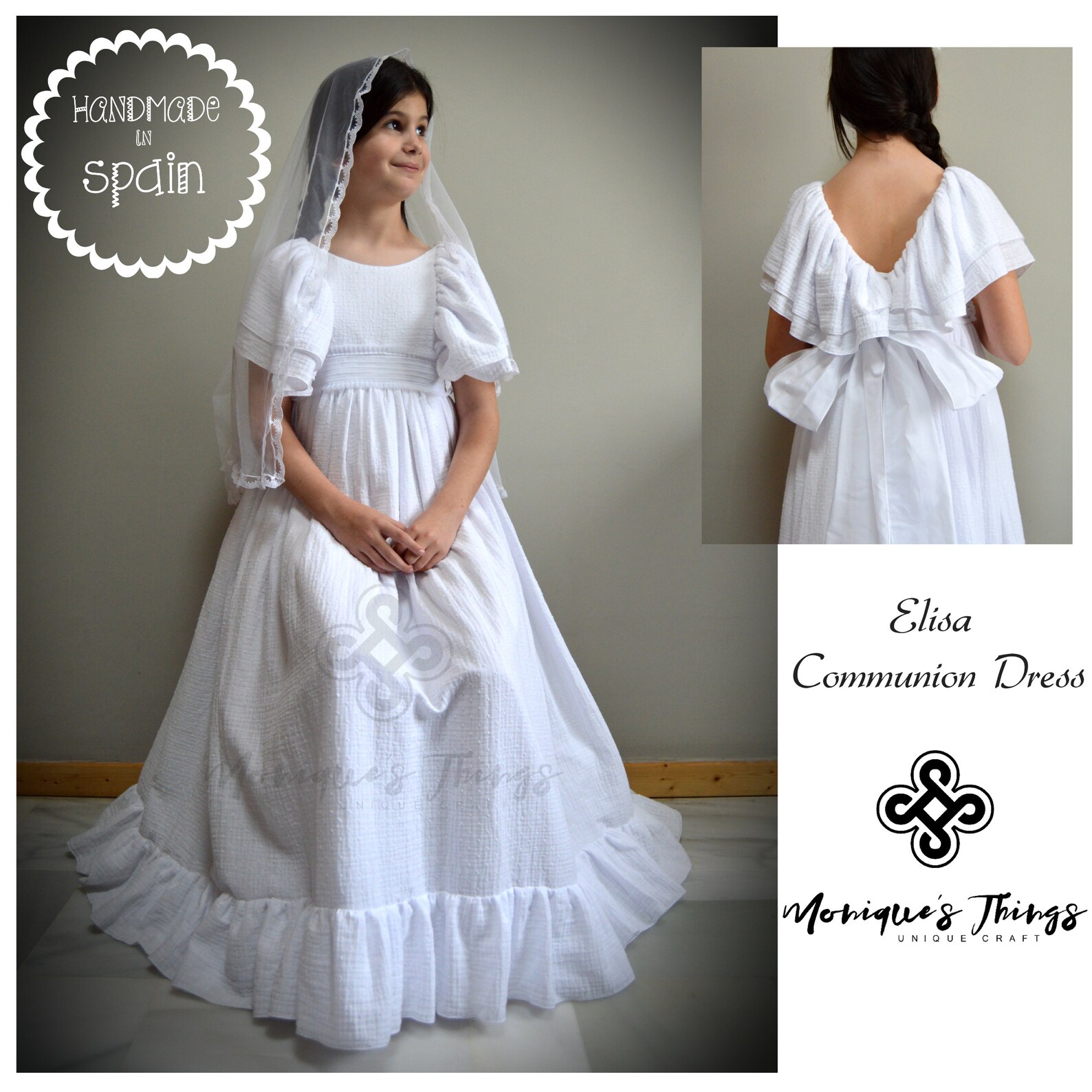 ELISA Communion Dress White or Ivory, Organic Cotton Bambula. Sash ...