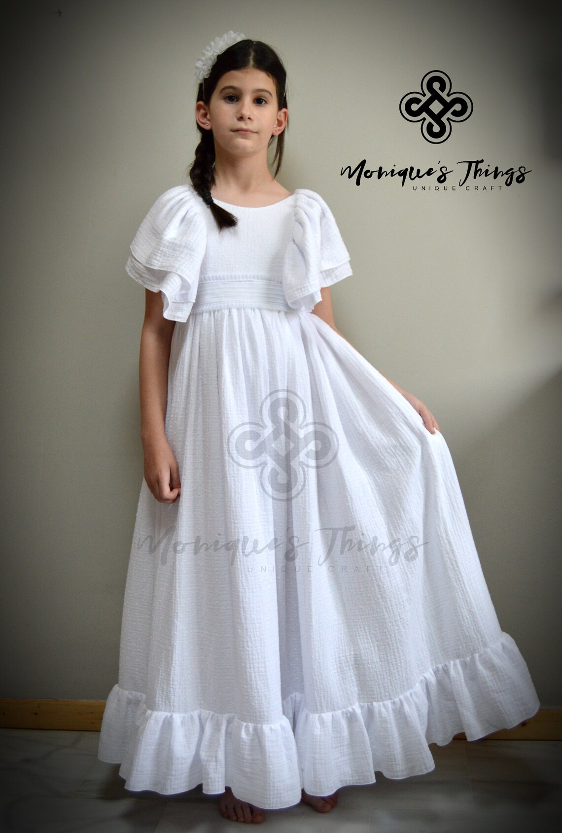 ELISA Communion Dress White or Ivory, Organic Cotton Bambula. Sash ...