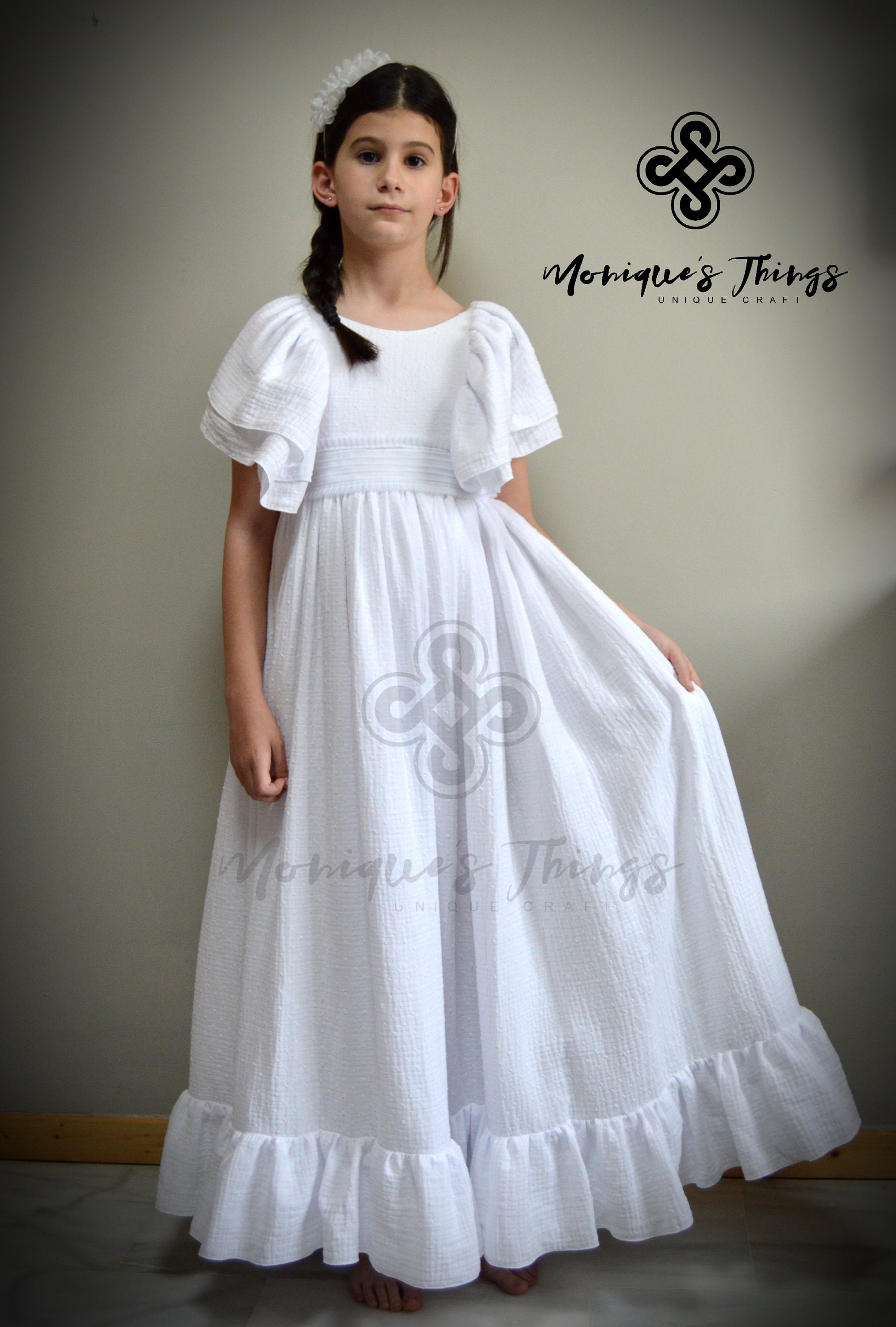 ELISA Communion Dress White or Ivory, Organic Cotton Bambula. Sash ...
