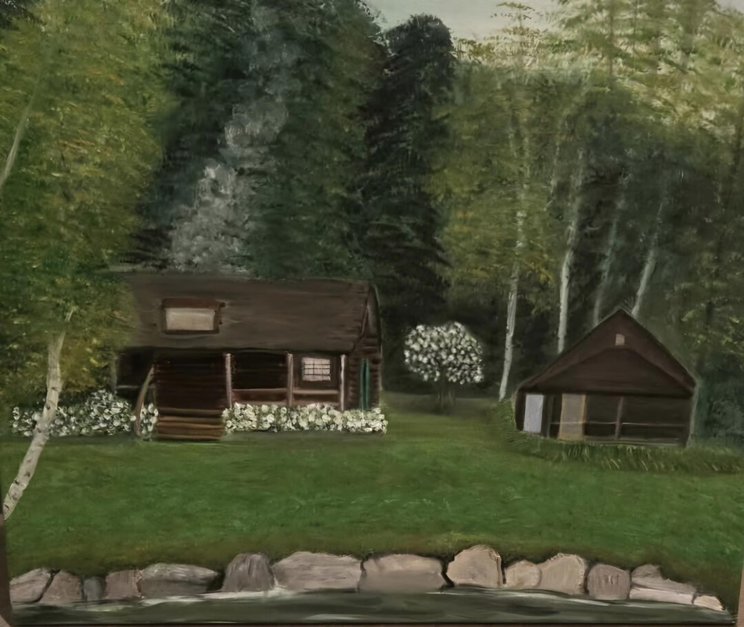 Log Cabin Wall Art - Cozy Rustic Cabin Painting - Nature Artwork for ...