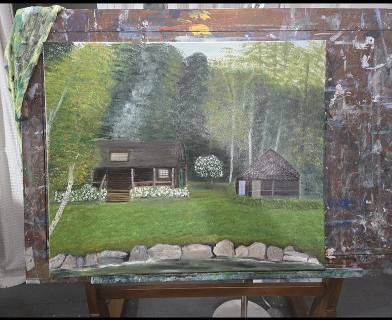 Therapist Office Decor - Rustic Log Cabin Painting - Calming Nature Art ...