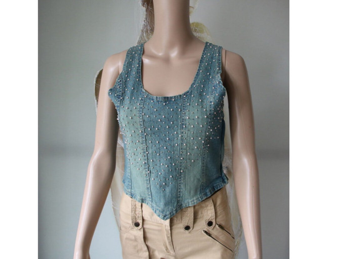 Vintage Bleached Denim Top Vest Cotton Beaded Top M/L Size - Etsy