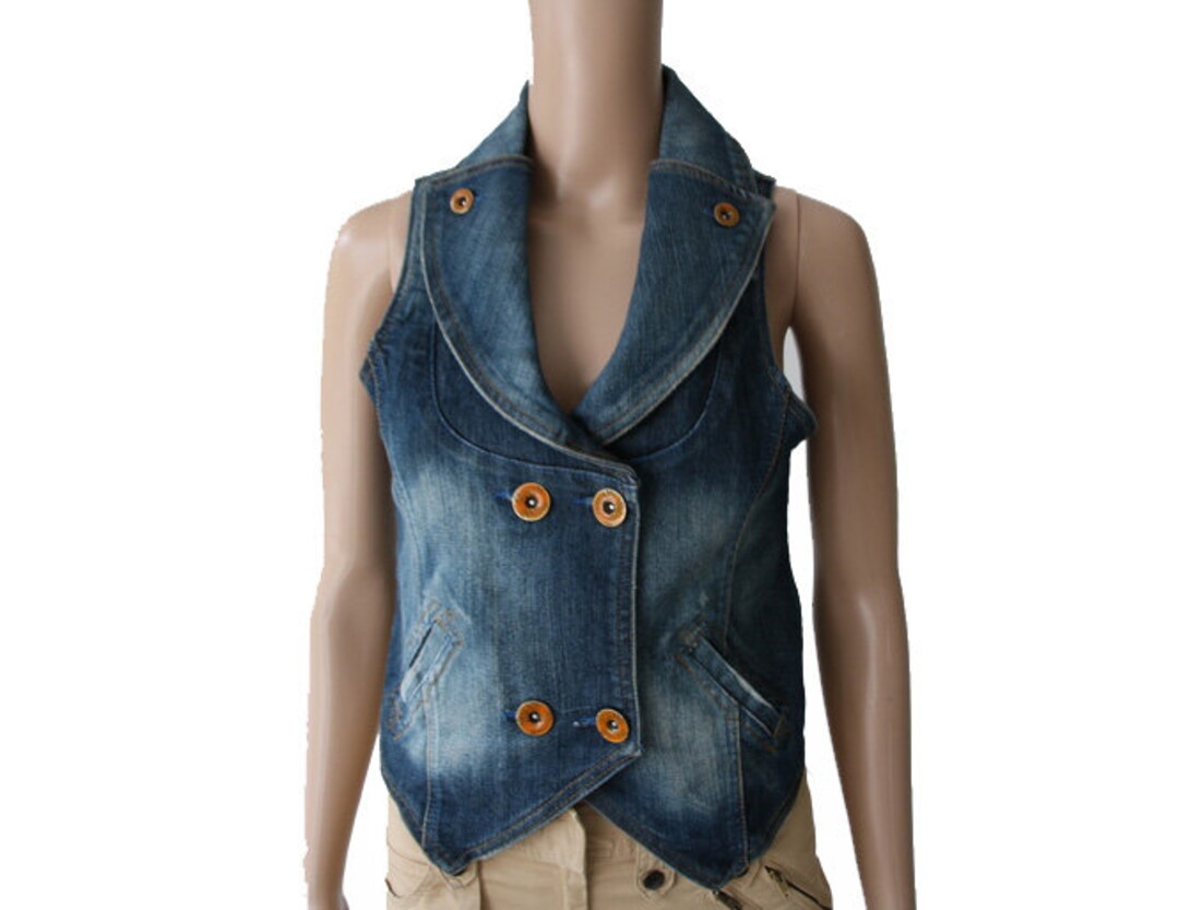 Women's Bleached Blue Denim Vest Jean Double Breasted Vest Small Size ...