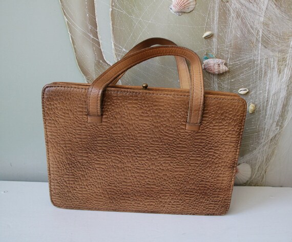 Vintage Brown Beige Small Work Bag 70s Leather Hand B… - Gem