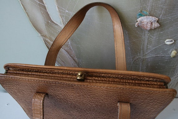 Vintage Brown Beige Small Work Bag 70s Leather Hand B… - Gem