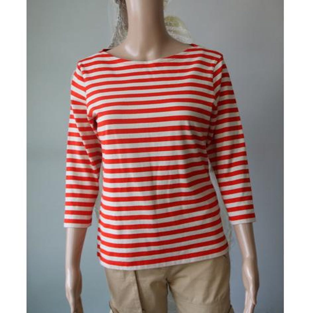 MARIMEKKO Shirt Nautical Top Red Ivory White Striped Sailor Shirt 3/4 ...