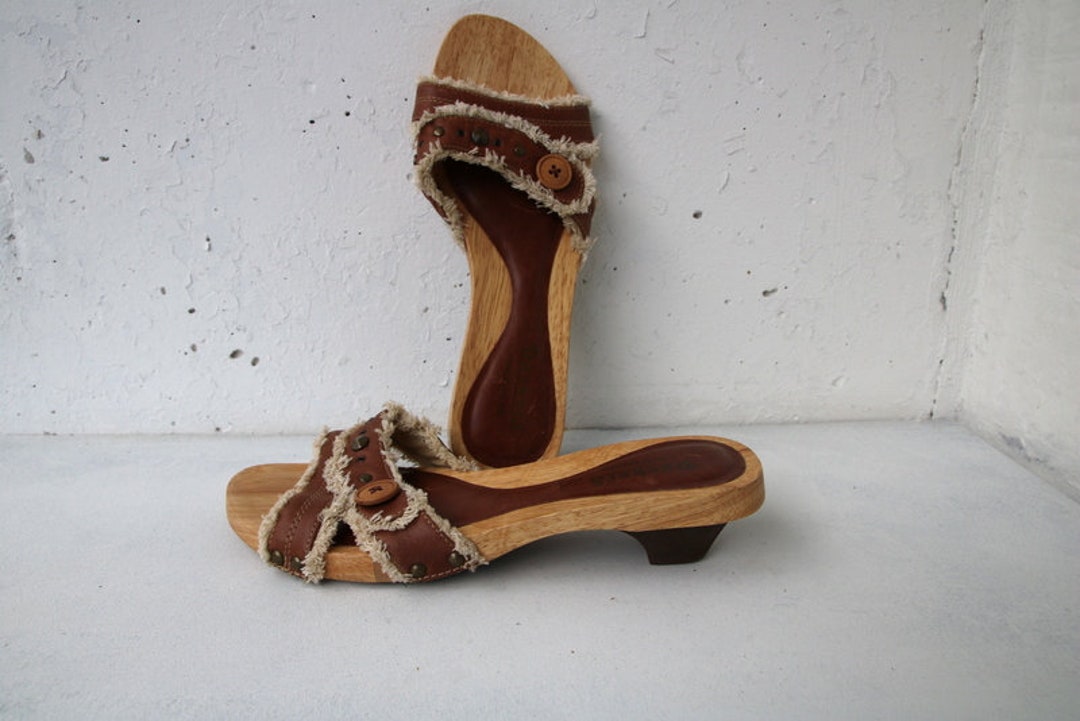 Women's Brown Summer Wooden Slide Single Strap Slides Leather Sandals ...