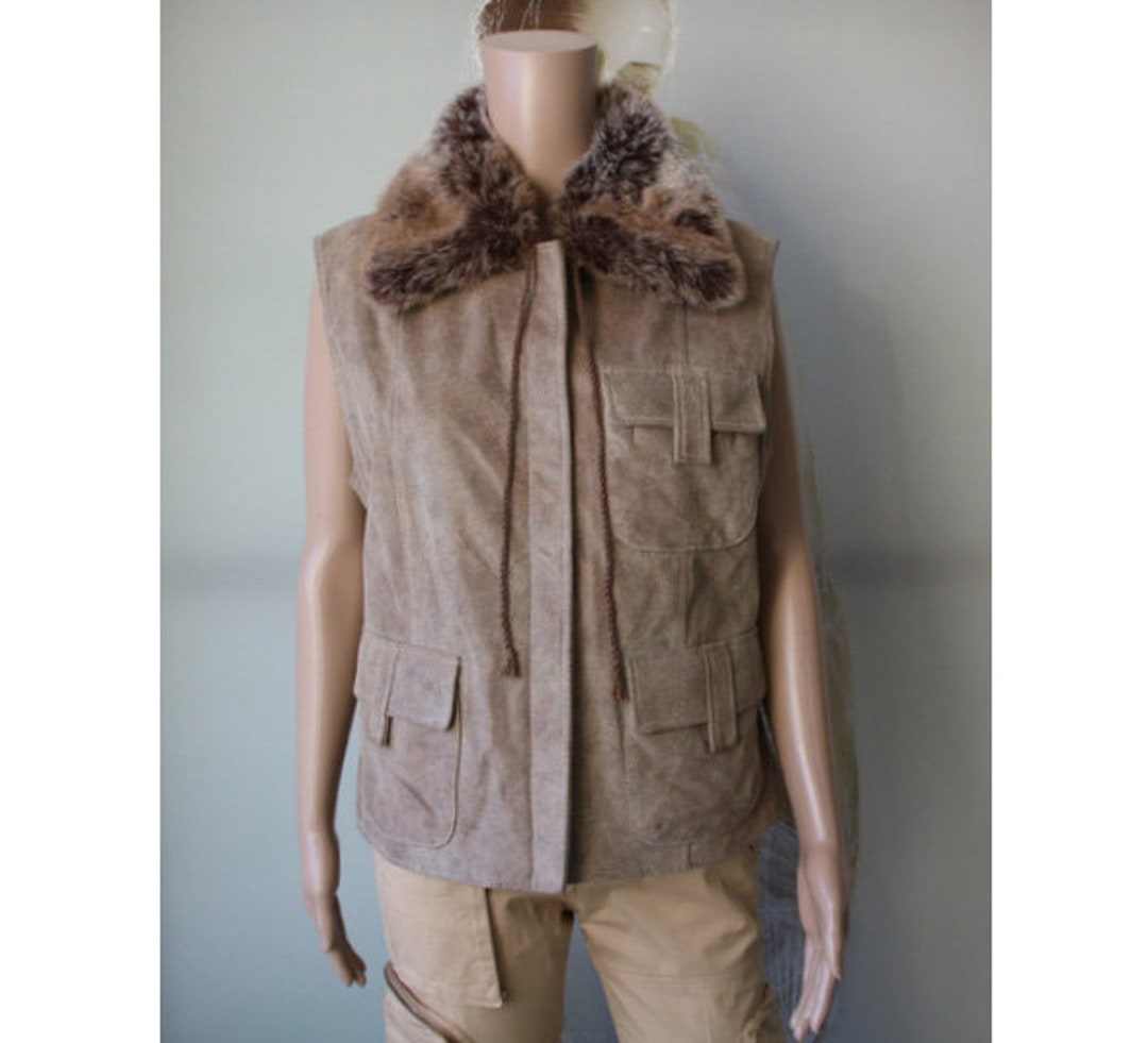 Women's Sand Leather Vest With Faux Fur Collar Winter Waistcoat Large ...
