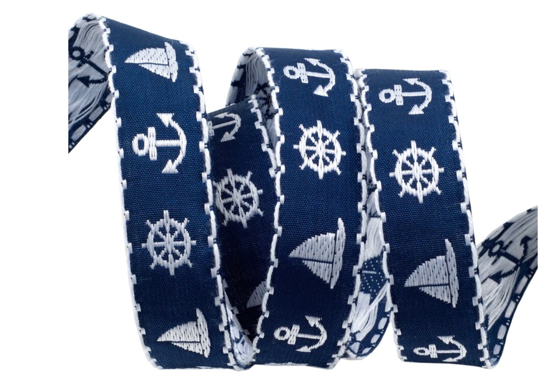 Renaissance Ribbons - White Nautical on Navy - 7/8 Inch Wide by 2 Yards ...
