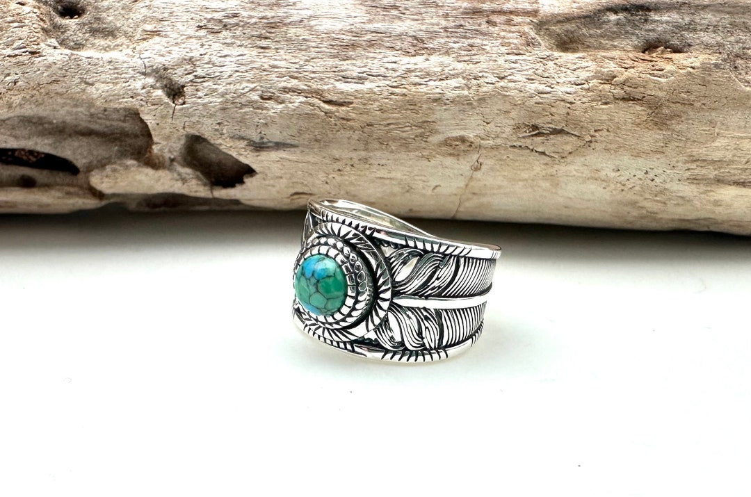 Blue Turquoise Feather Cigar Ring - Southwest Inspired - Natural ...