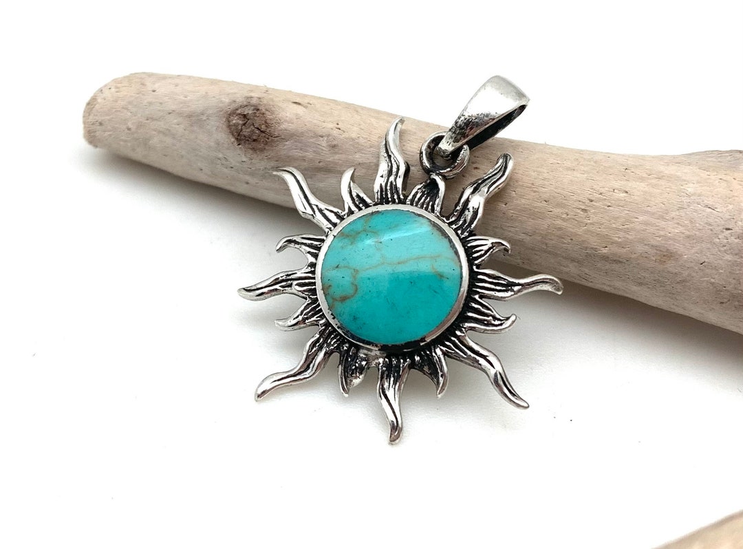Turquoise Sun Silver Pendant // Silver Turquoise Necklace // Sun ...