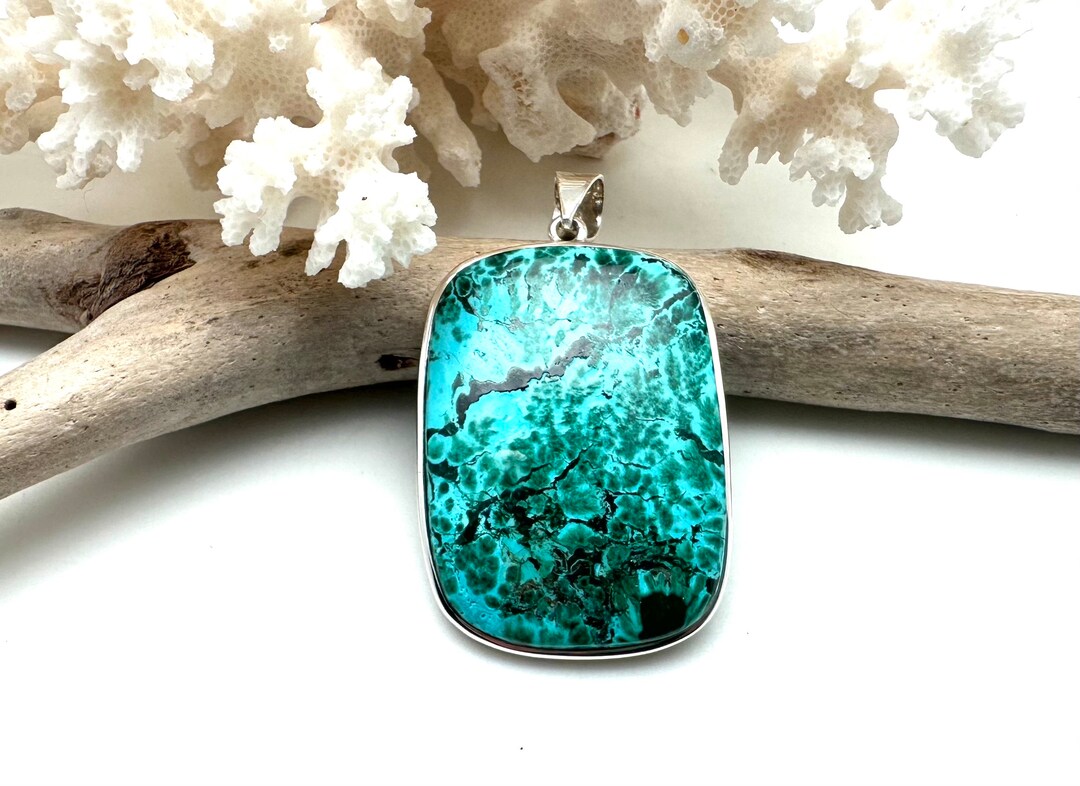 Turquoise Chrysocolla Pendant 42mm - Large Turquoise Pendant- 925 ...