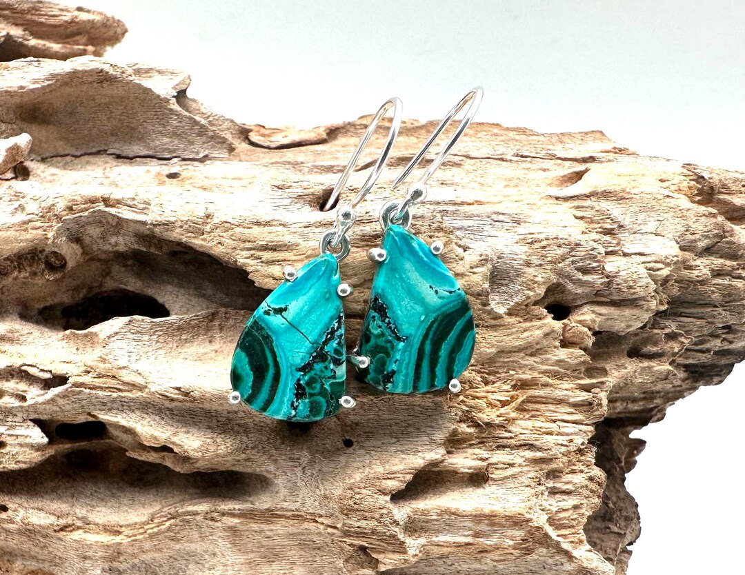 Azurite Malachite Turquoise Silver Earrings 15mm / Freeform Malachite ...