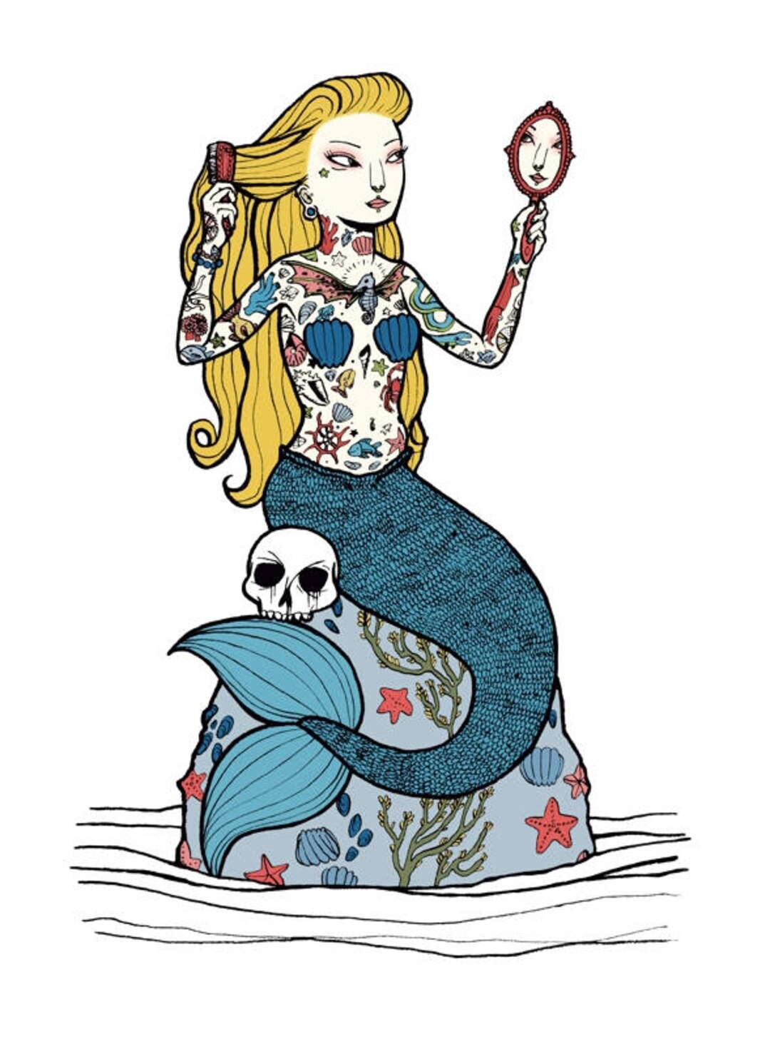 Tattooed Mermaid (blonde) A4 Fine Art Print. Gothic Mermaid ...