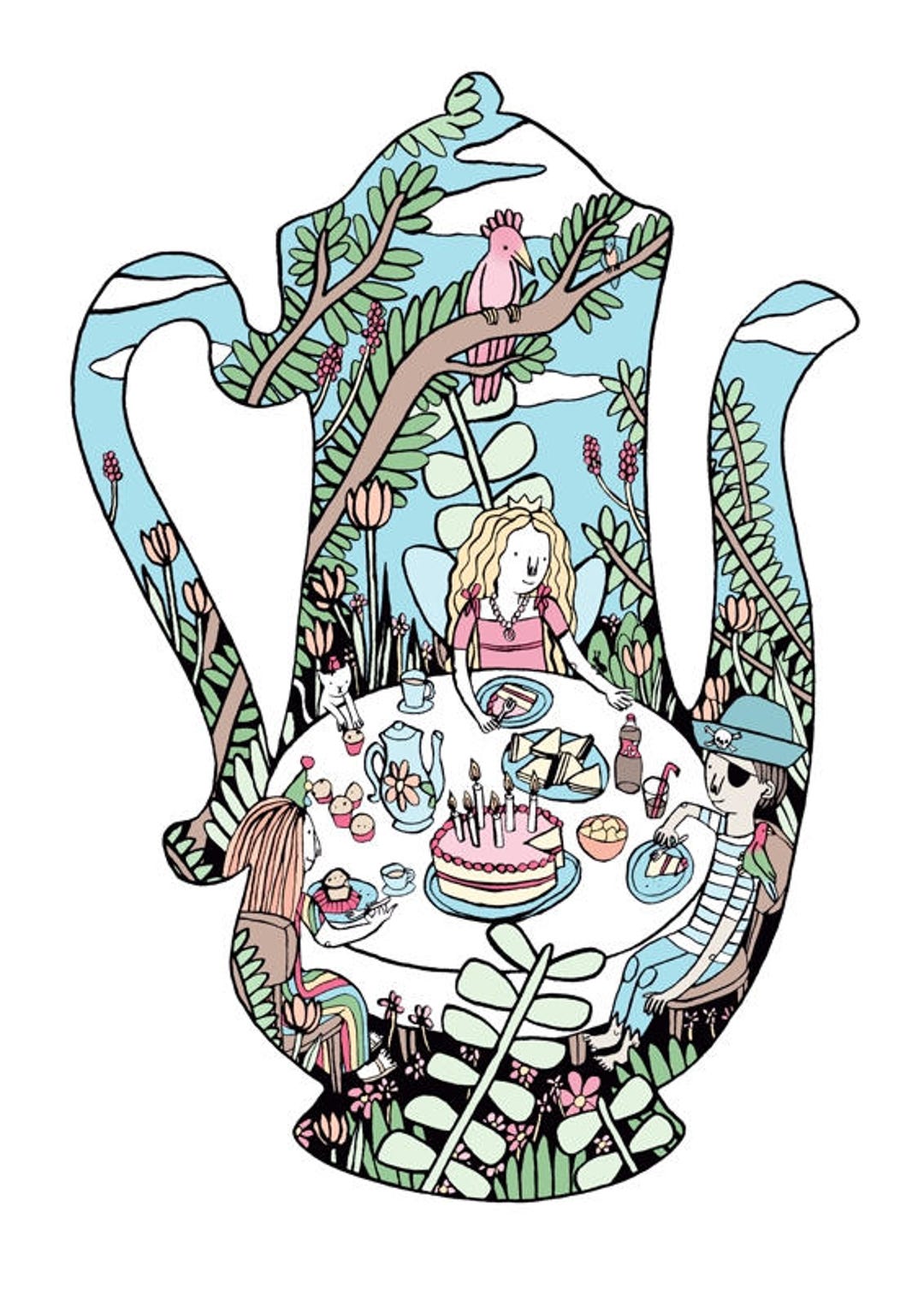 Birthday Tea Party A4 Fine Art Print. Teapot. Childrens Illustration ...