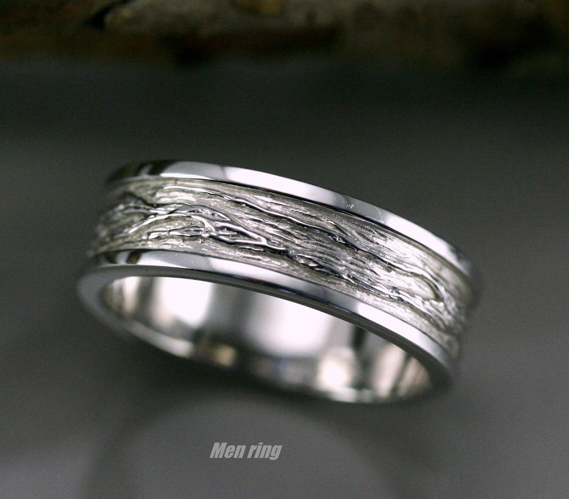 White Gold Wedding Ring Set, White Gold Bark Wedding Ring, Unique ...