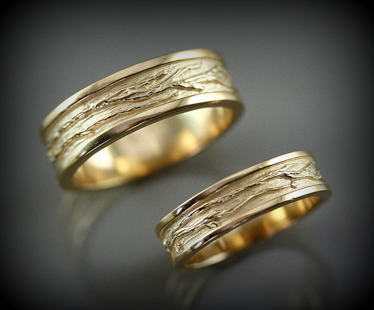 Solid Gold Branch Textured Wedding Ring Set for Men and Women | Etsy