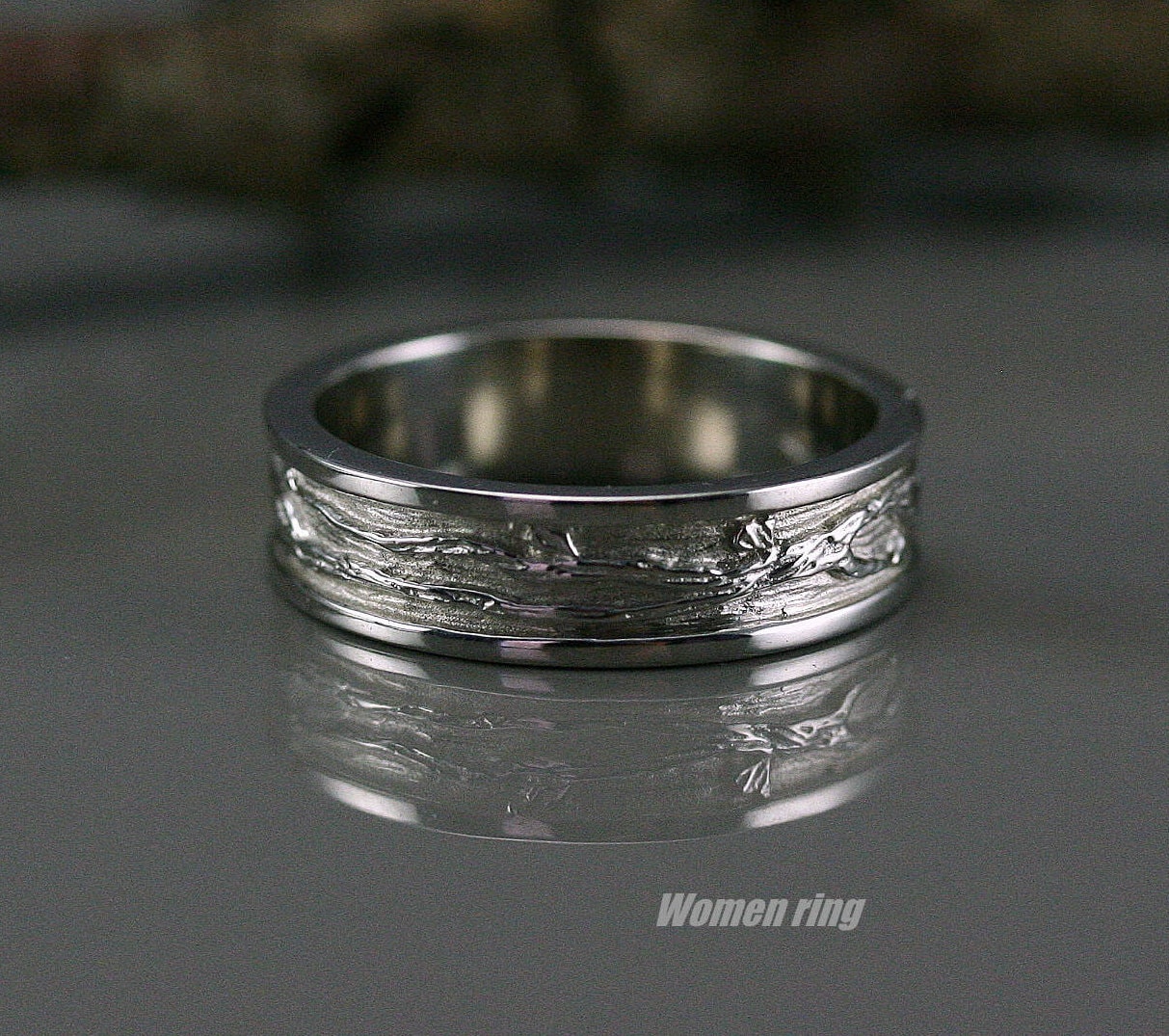 White Gold Wedding Ring Set, White Gold Bark Wedding Ring, Unique ...