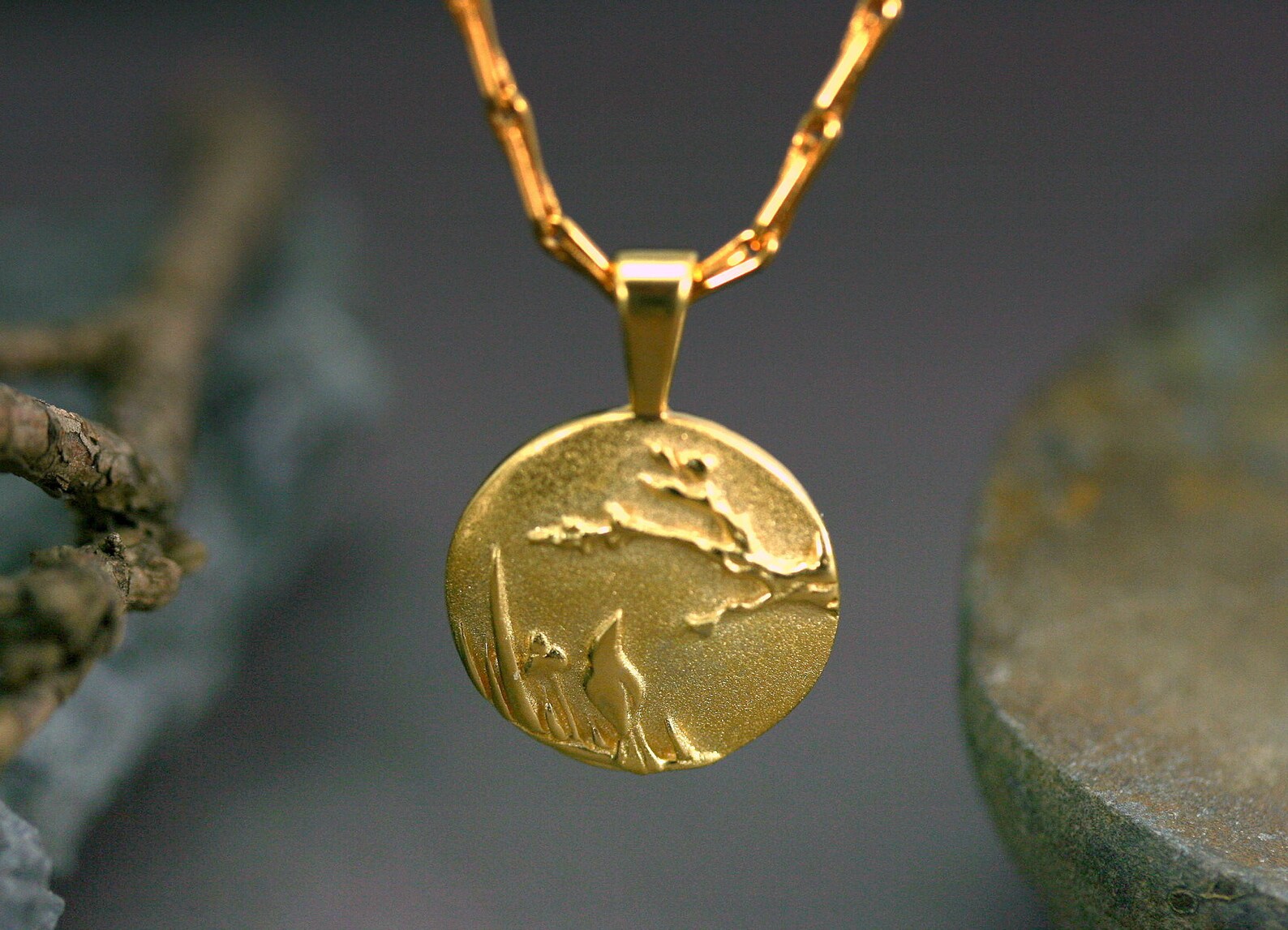 Solid Gold Round Pendant, Gold Landscape Necklace, Gold Medallion ...
