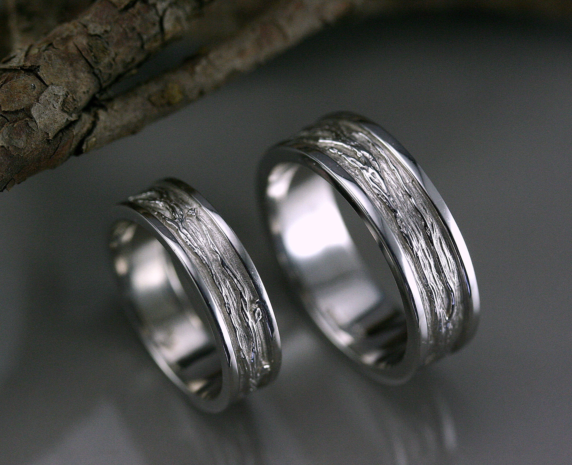 White Gold Wedding Ring Set, White Gold Bark Wedding Ring, Unique ...