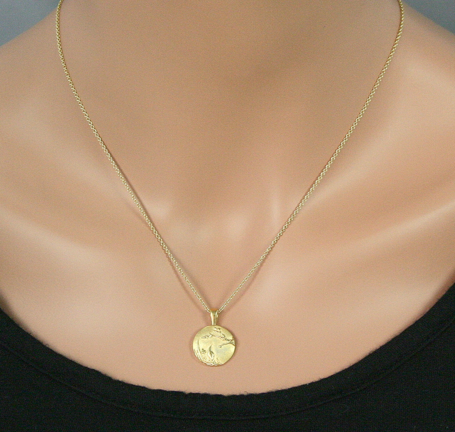 Solid Gold Round Pendant, Gold Landscape Necklace, Gold Medallion ...