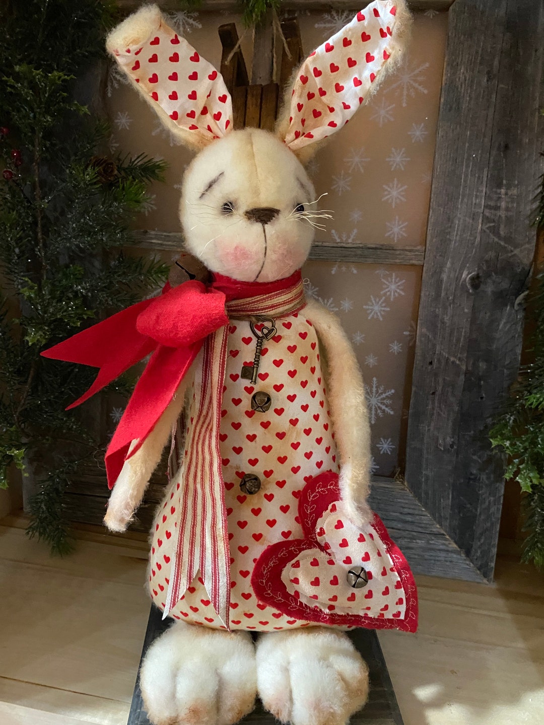 Handmade Primitive Bunny Doll-valentine Rabbit-vintage Bunny-folk Art ...