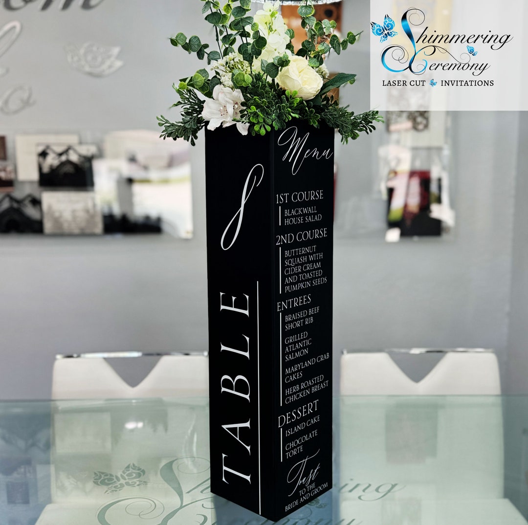 Black and White Elegant Table Number and Menu Centerpiece Flower Box ...