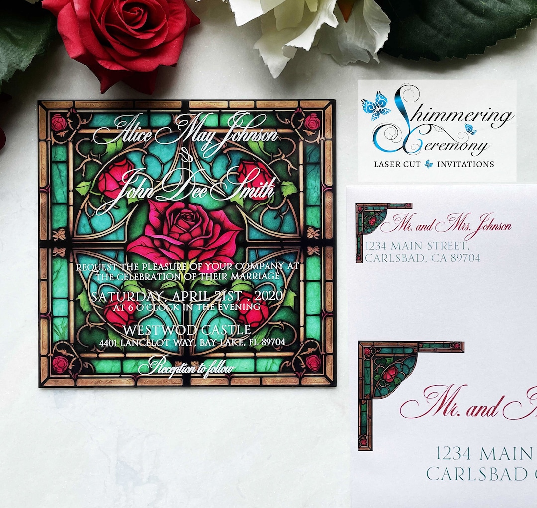 Rose Stained Glass Square Acrylic Wedding Invitation Fairytale Princess ...