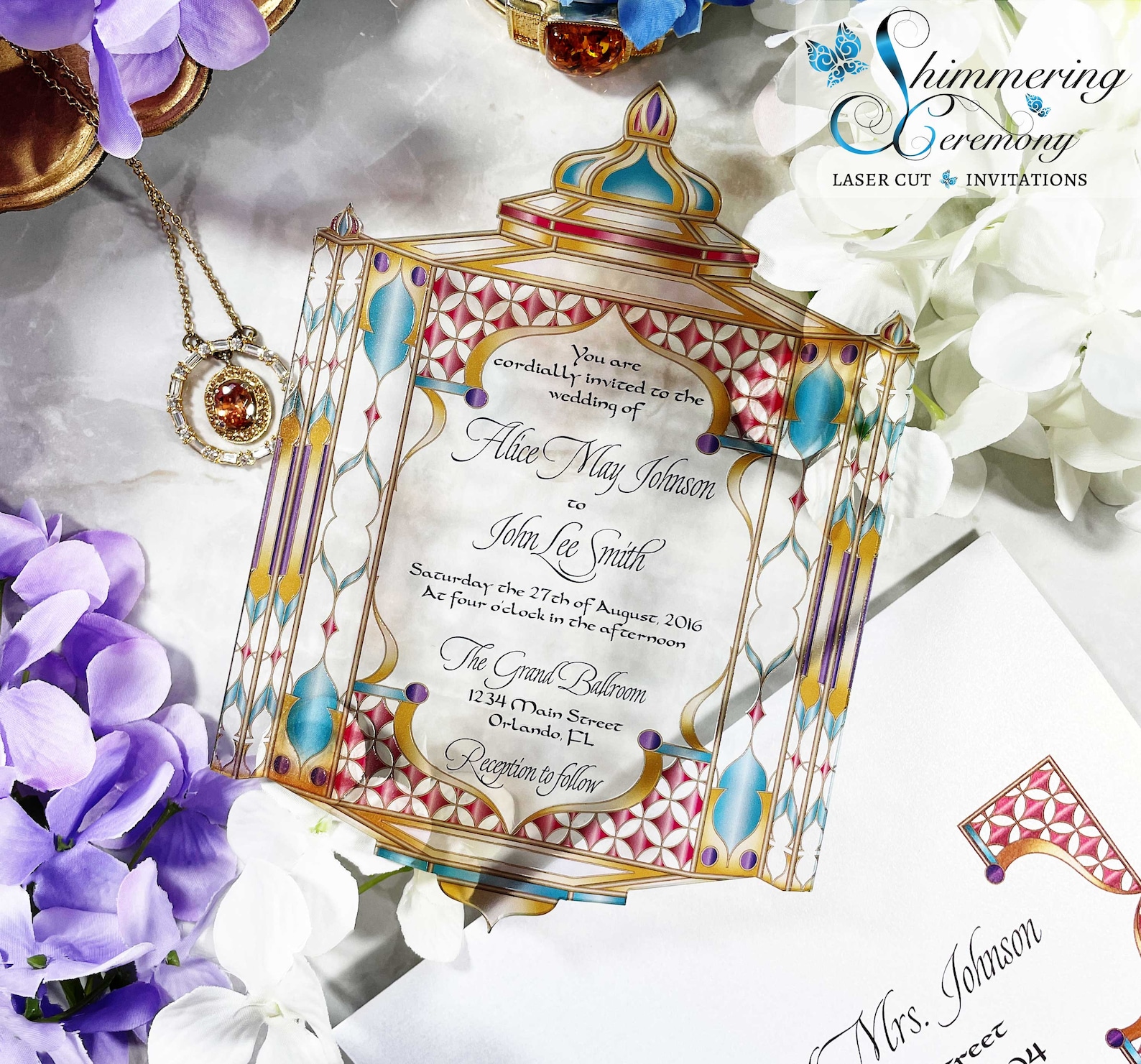 Moroccan Lantern Shaped Acrylic Invitation Arabian Nights Stained Glass ...