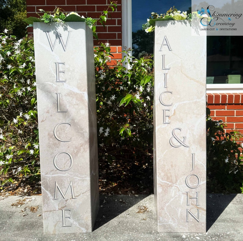 Marble Column Stone Welcome Sign Flower Box UV Printed Wedding Decor ...
