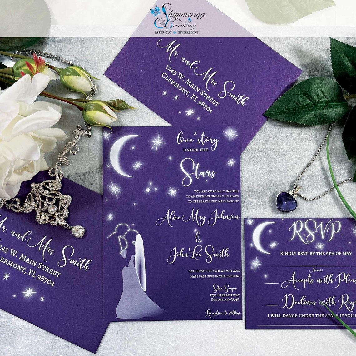 Starry Night Wedding Invitation Bride & Groom With Moon and Stars ...