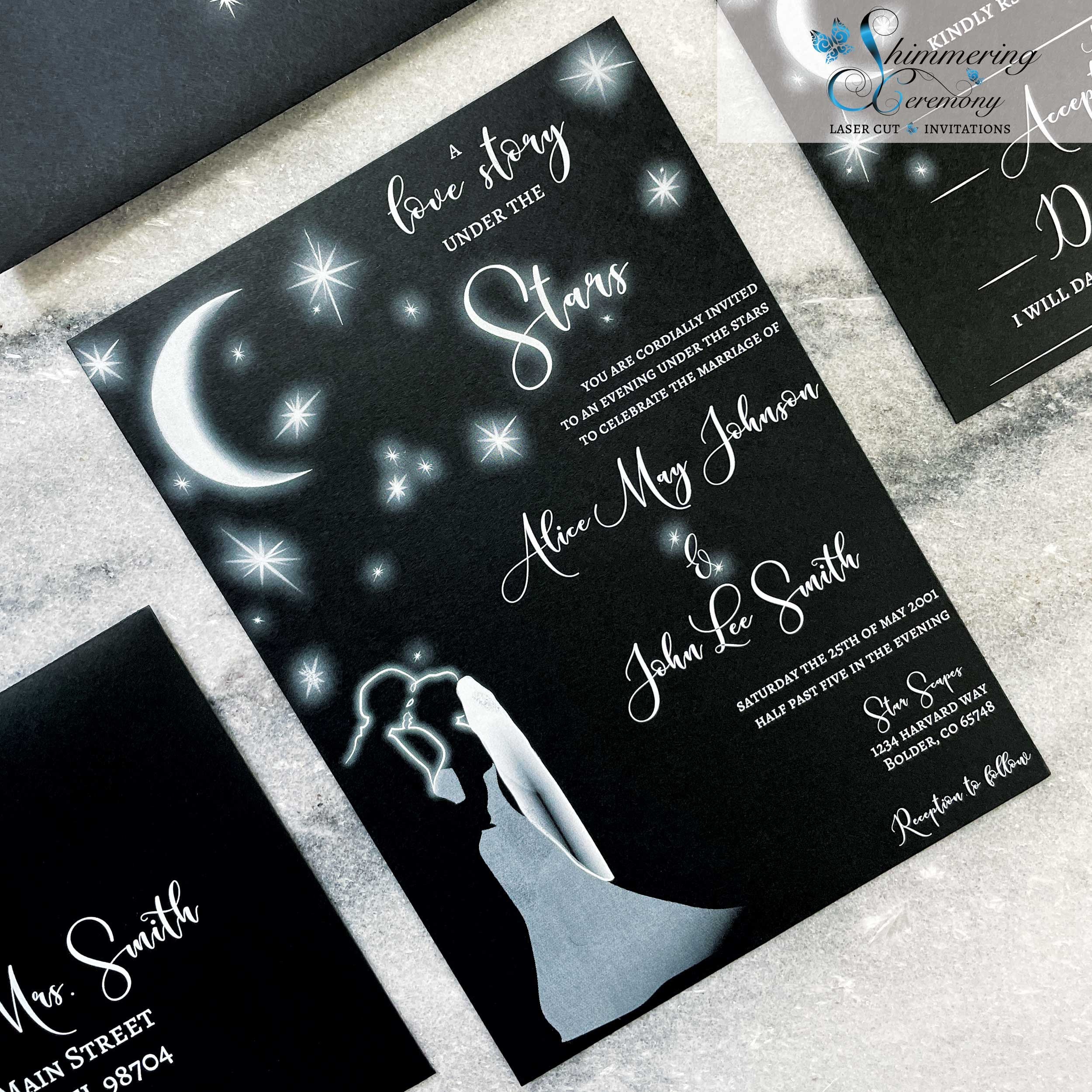 Starry Night Wedding Invitation Bride & Groom With Moon and - Etsy