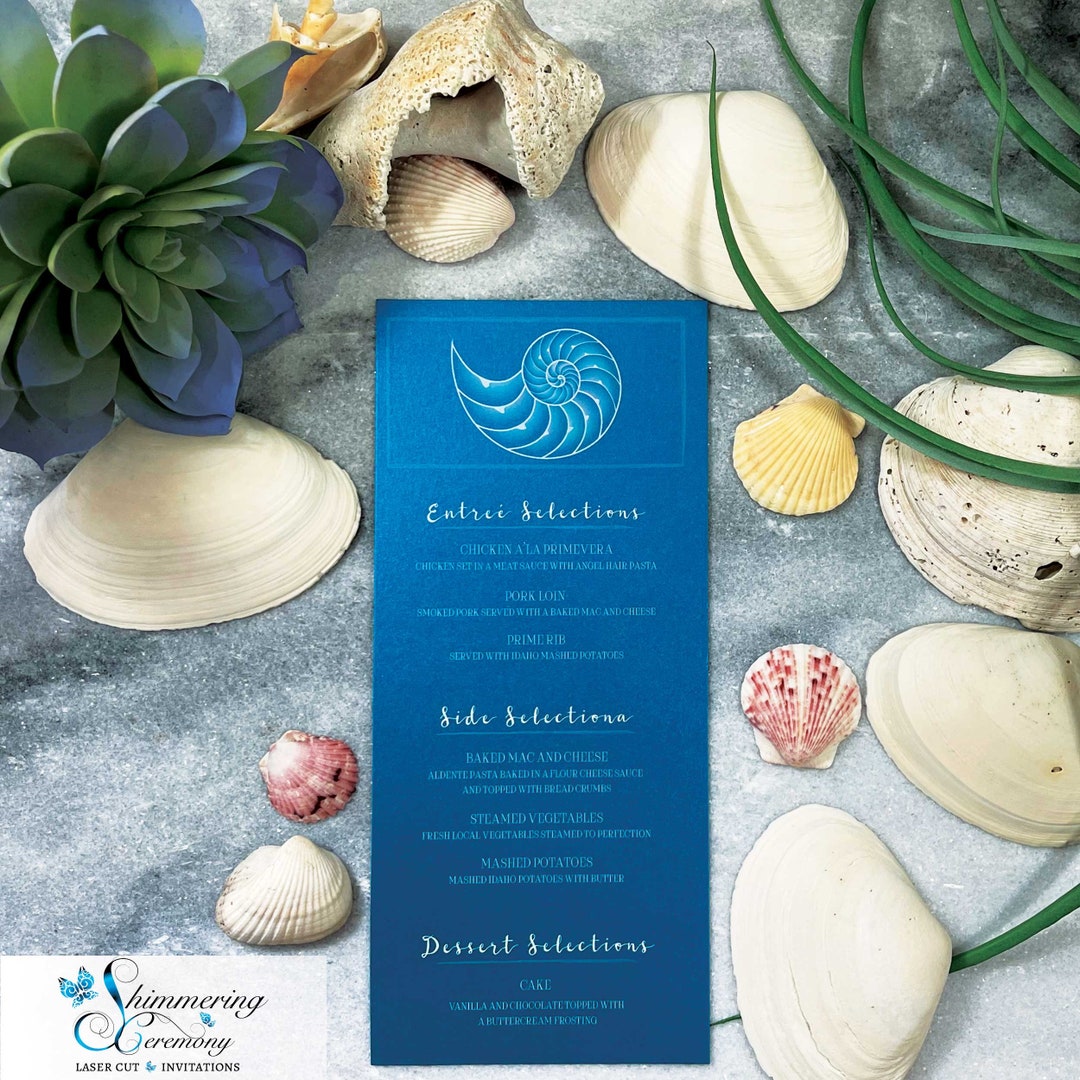 Shell Beach Menu Card Printed Seashell Design Customized Wedding Menu ...