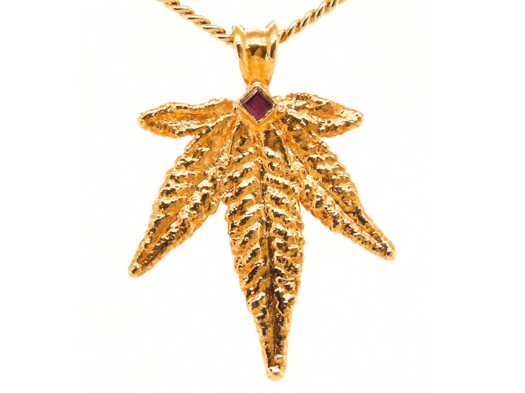 Cannabis Leaf Dipped in 24k Gold Set With Ruby Pendant - Plum OG Strain ...