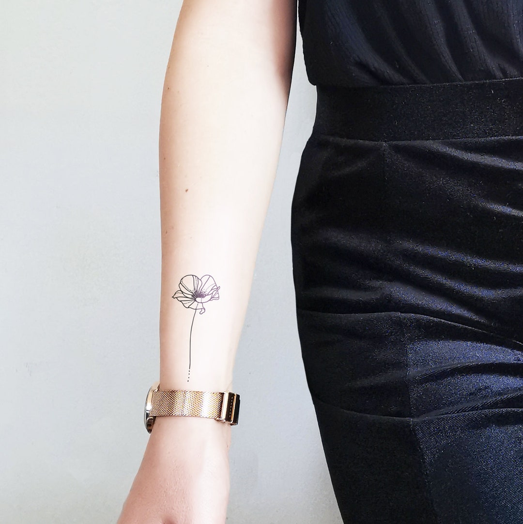 Fine Line Poppy - Flower Temporary Tattoo (set of 2) - Etsy
