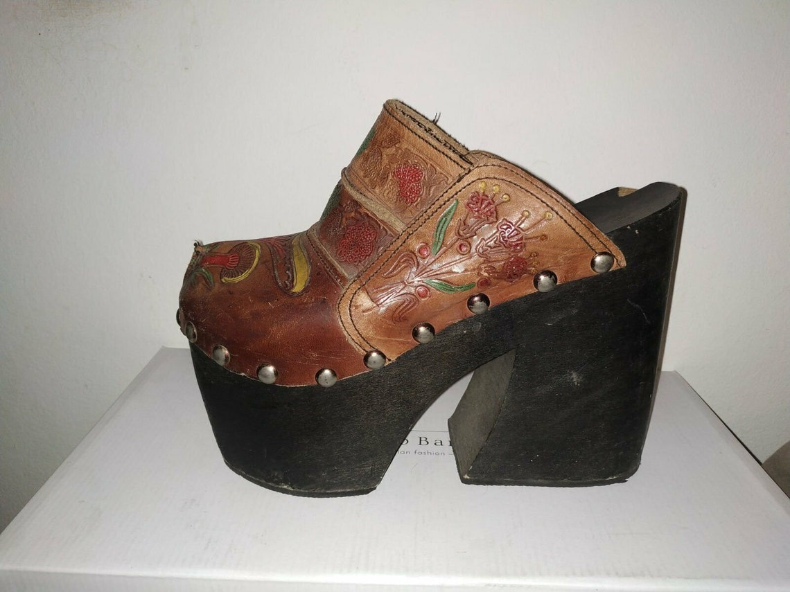 NOT FOR SALE 70s Platform Clogs Hand Carved Tooled Studs | Etsy
