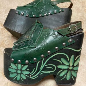 70s Platform Clogs Hand Carved Tooled Studs Wood Floral Flower ...