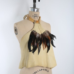 Vtg 70s Leather Halter Top Feather Beads Choker Boho Hippie Hippy ...