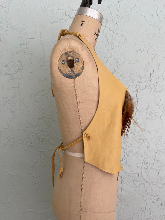 Vintage Halter Top 70s Leather Feathers Beads Boho Hi… - Gem