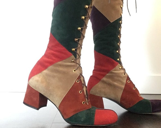 Vintage 60s 70s Multi Color Patchwork Lace up Boots Granny Boots Boho ...