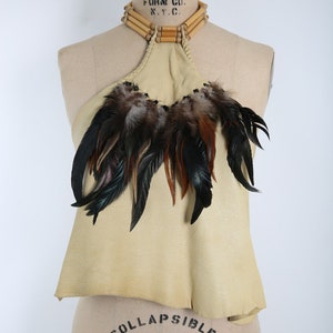 Vtg 70s Leather Halter Top Feather Beads Choker Boho Hippie Hippy ...