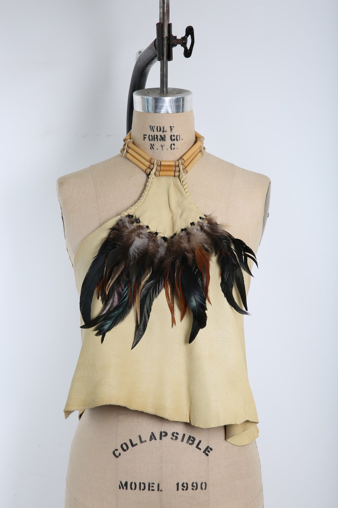 Vtg 70s Leather Halter Top Feather Beads Choker Boho Hippie Hippy ...