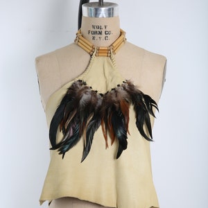 Vtg 70s Leather Halter Top Feather Beads Choker Boho Hippie Hippy ...