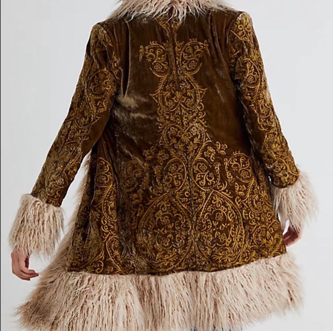 Penny Lane Coat Velvet Coat Floral Embroidered Faux Fur Boho Hippie ...