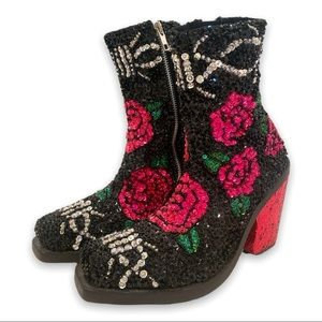 Sequin Boots Red Roses Barbwire Sequin Ankle Boots Designer Halloween ...